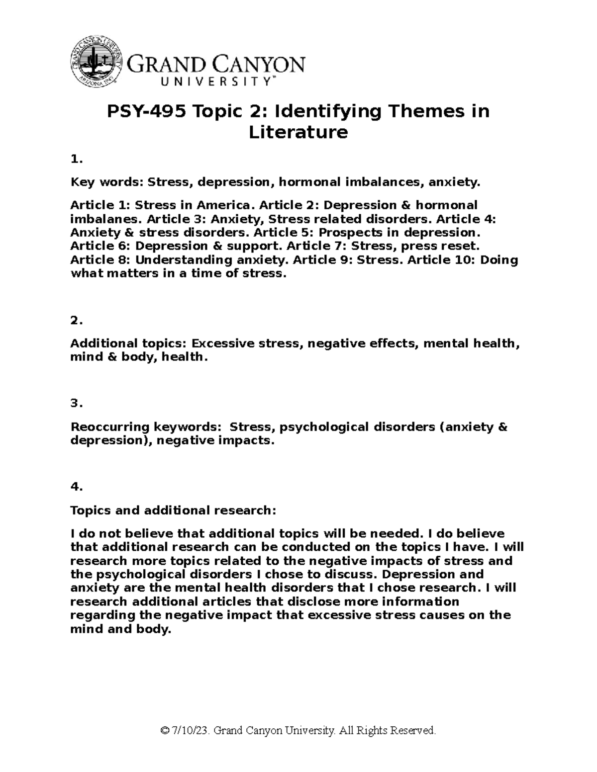 PSY-495-Identifying Themes Assignmentx 3 - PSY-495 - GCU - Studocu