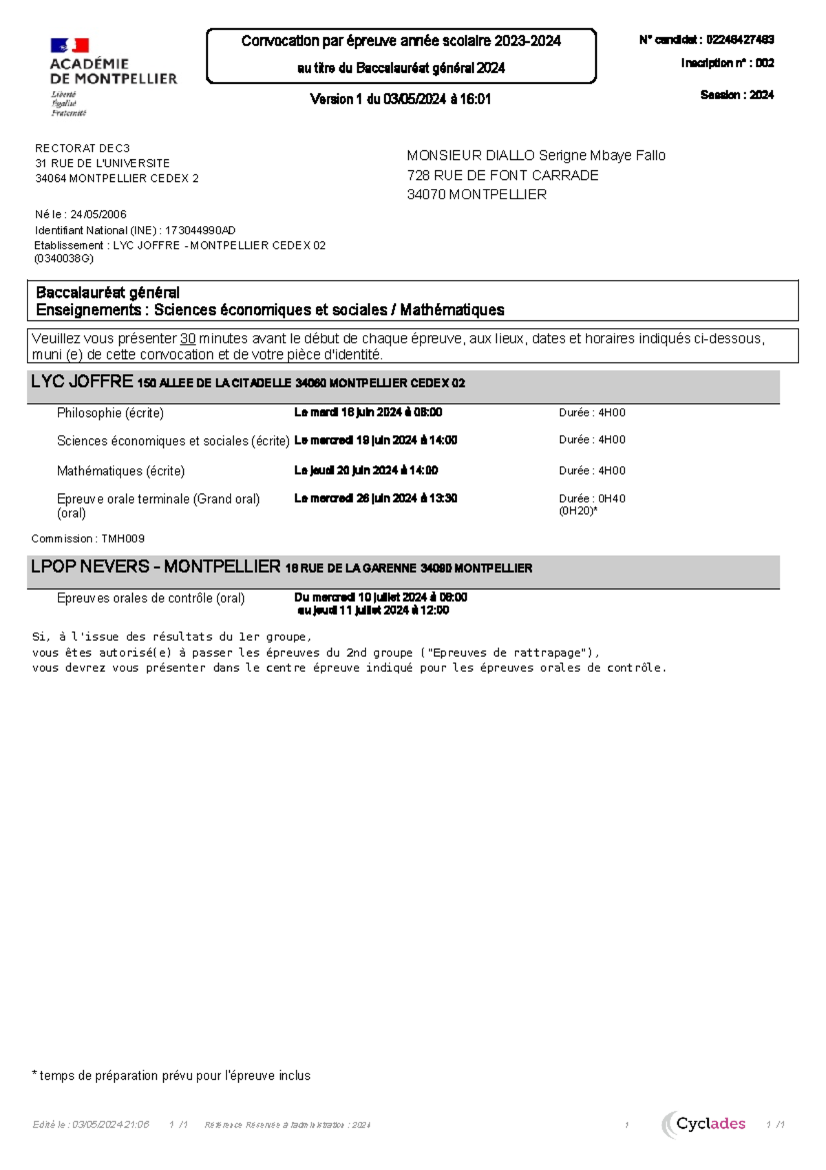224842748300002 Convocation par epreuve V1 20240503 - Edité le : 03/05/2024 21:06 1 /1 Référence ...