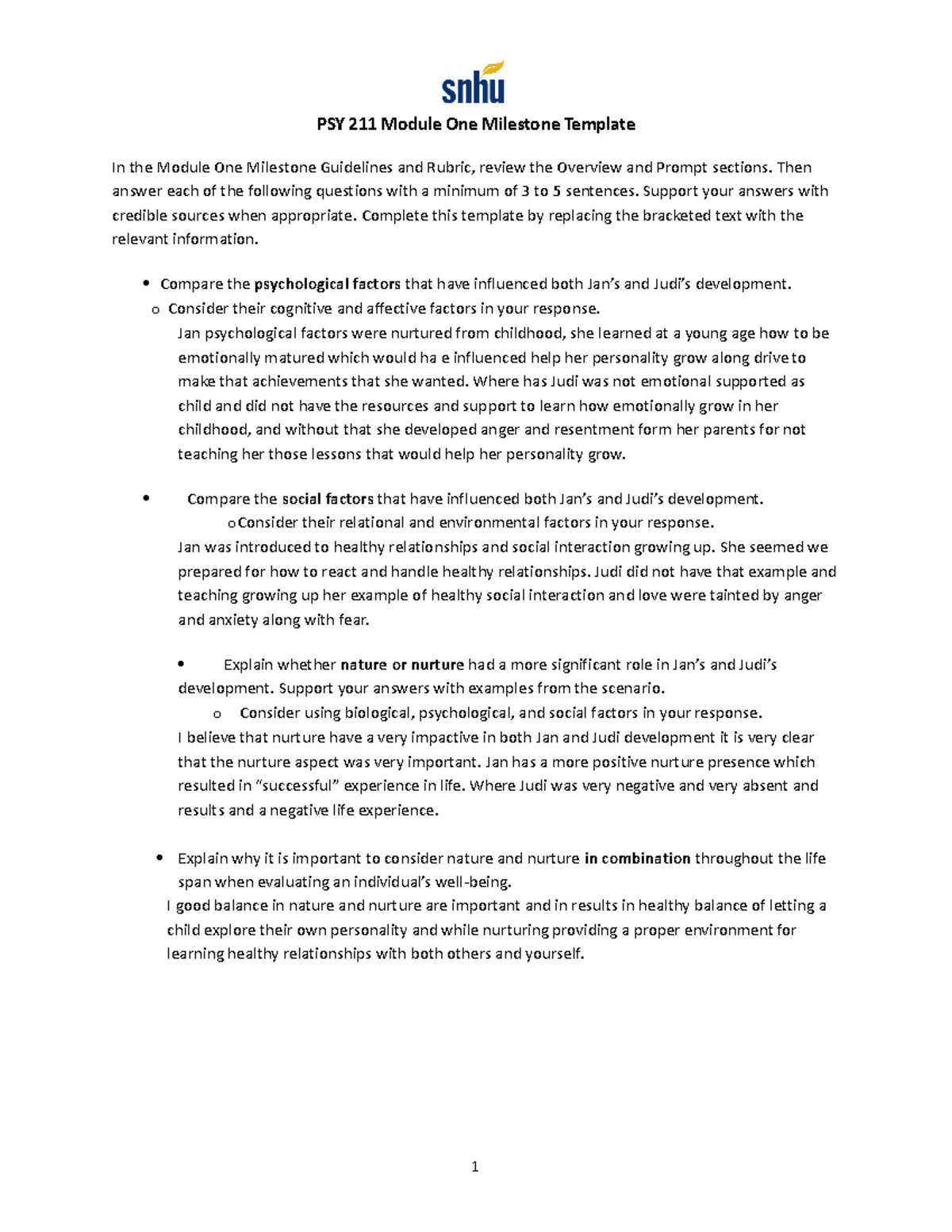 PSY 211 General - PSY 211 Module One Milestone Template In the Module One Milestone Guidelines ...
