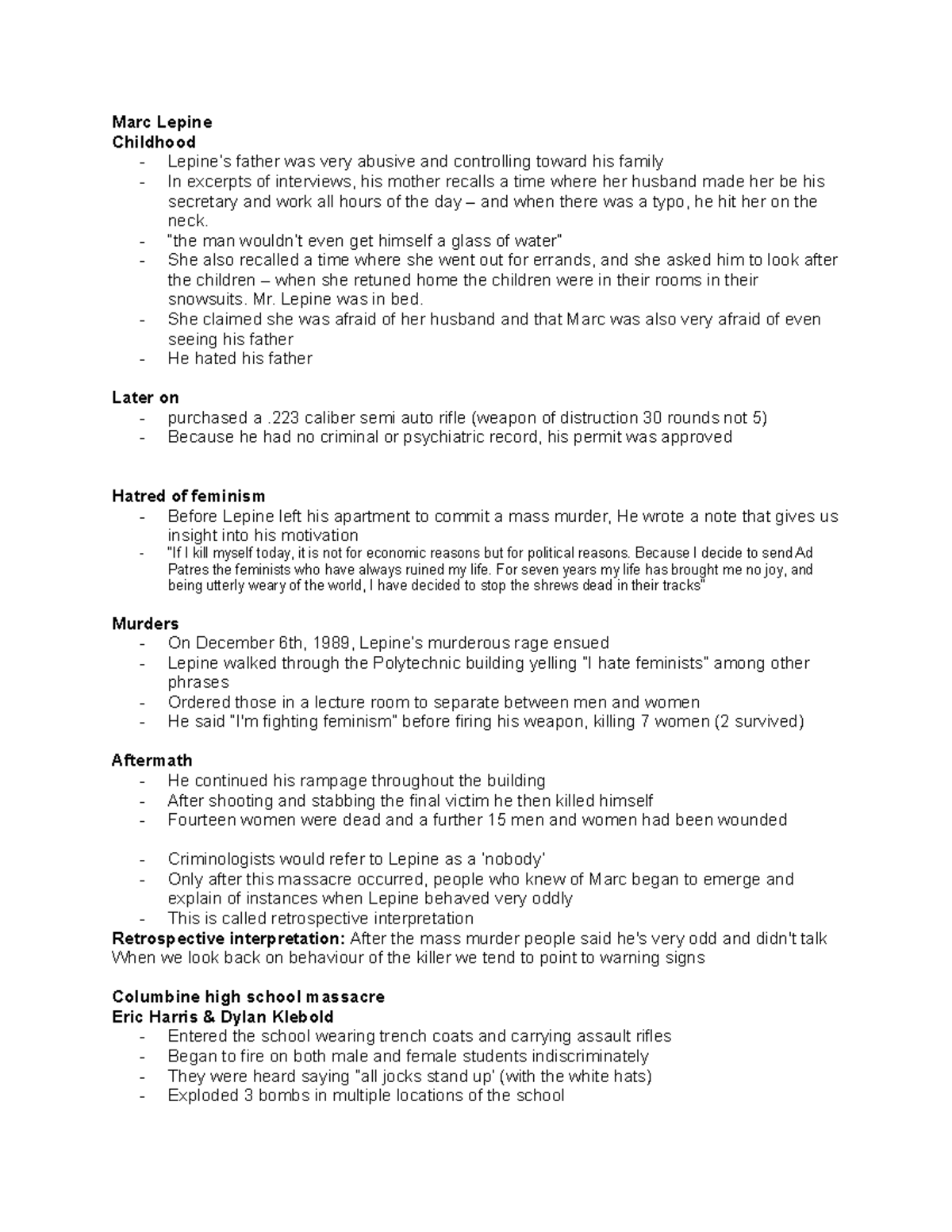 Marc Lepine - lecture notes - Marc Lepine Childhood - Lepine’s father ...