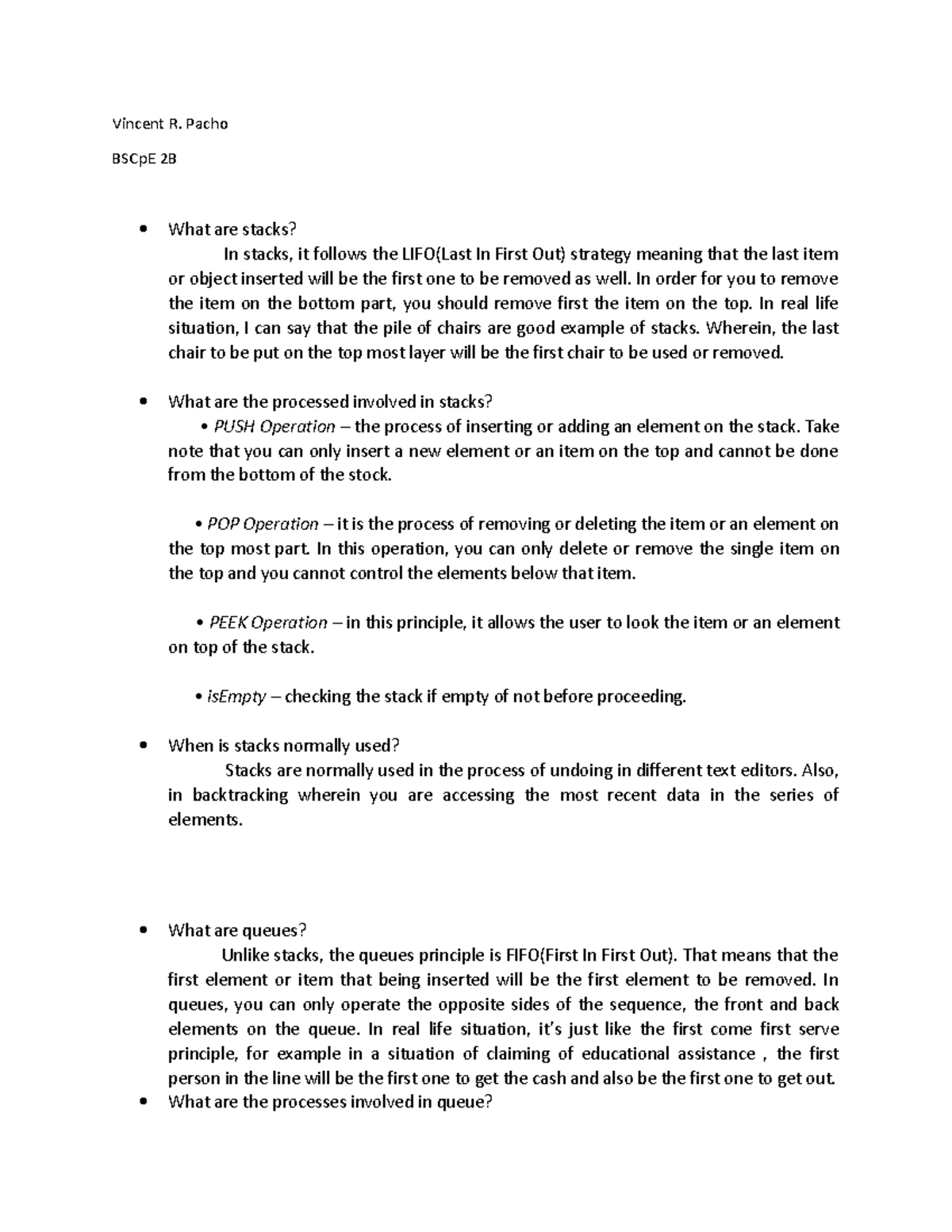Stacks And Queues - Vincent R. Pacho BSCpE 2B What are stacks? In ...