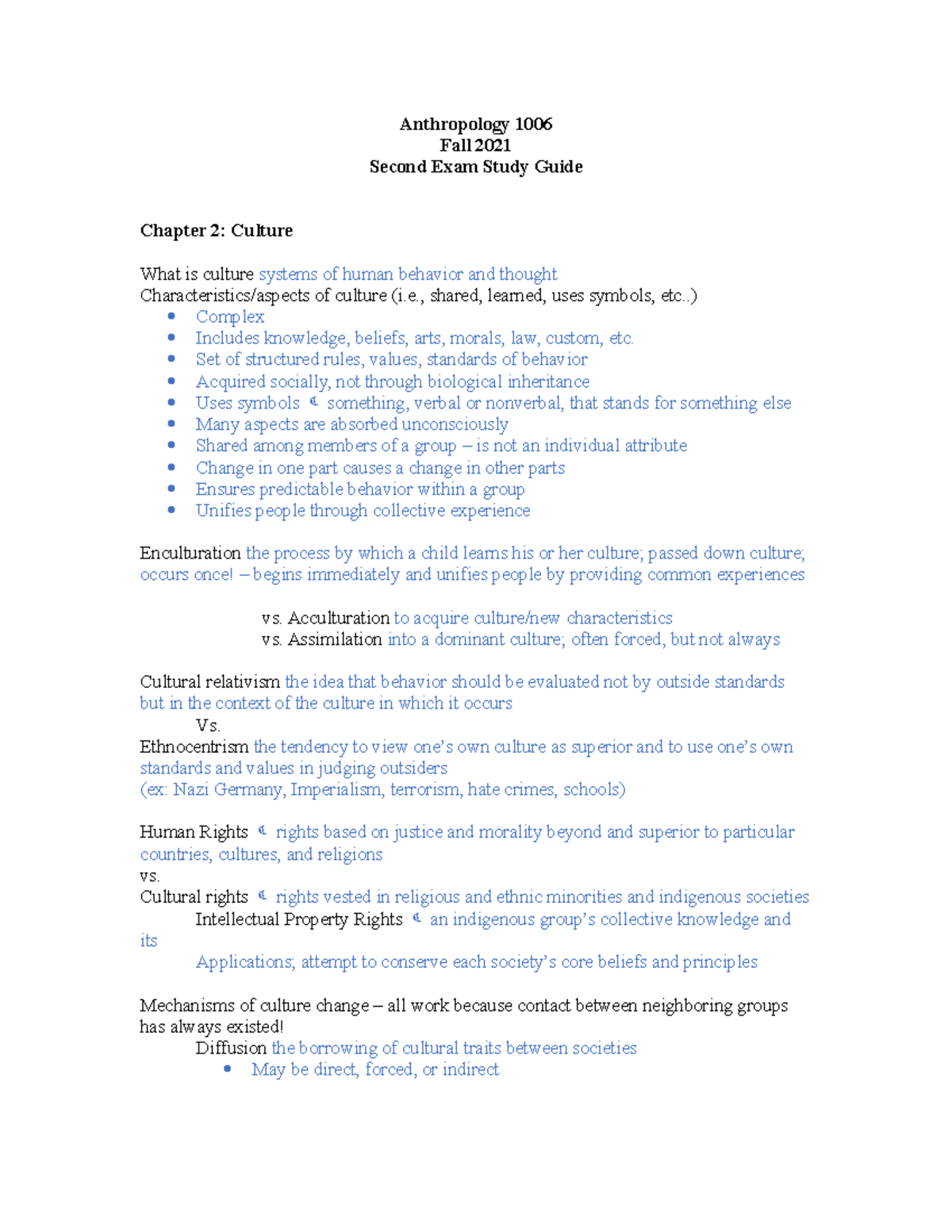 Anth - Second Exam Study Guide - Anthropology 1006 Fall 2021 Second ...