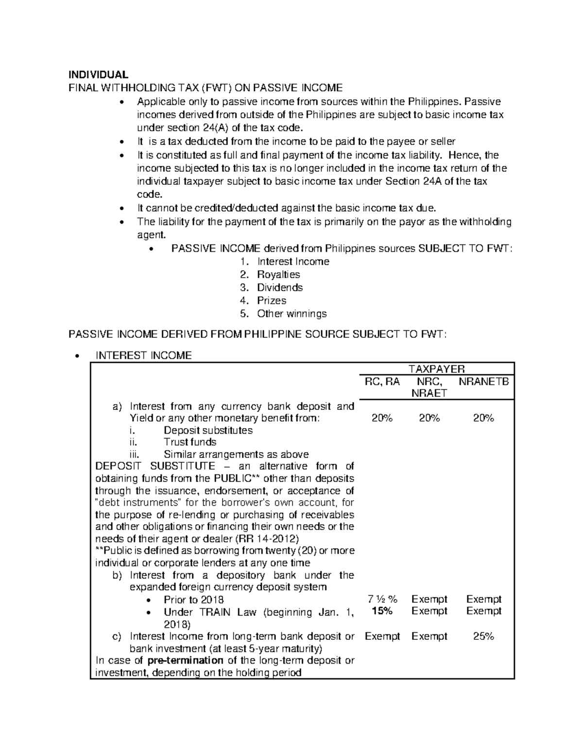 Final-Tax-Handout - TAX! - INDIVIDUAL FINAL WITHHOLDING TAX (FWT) ON ...