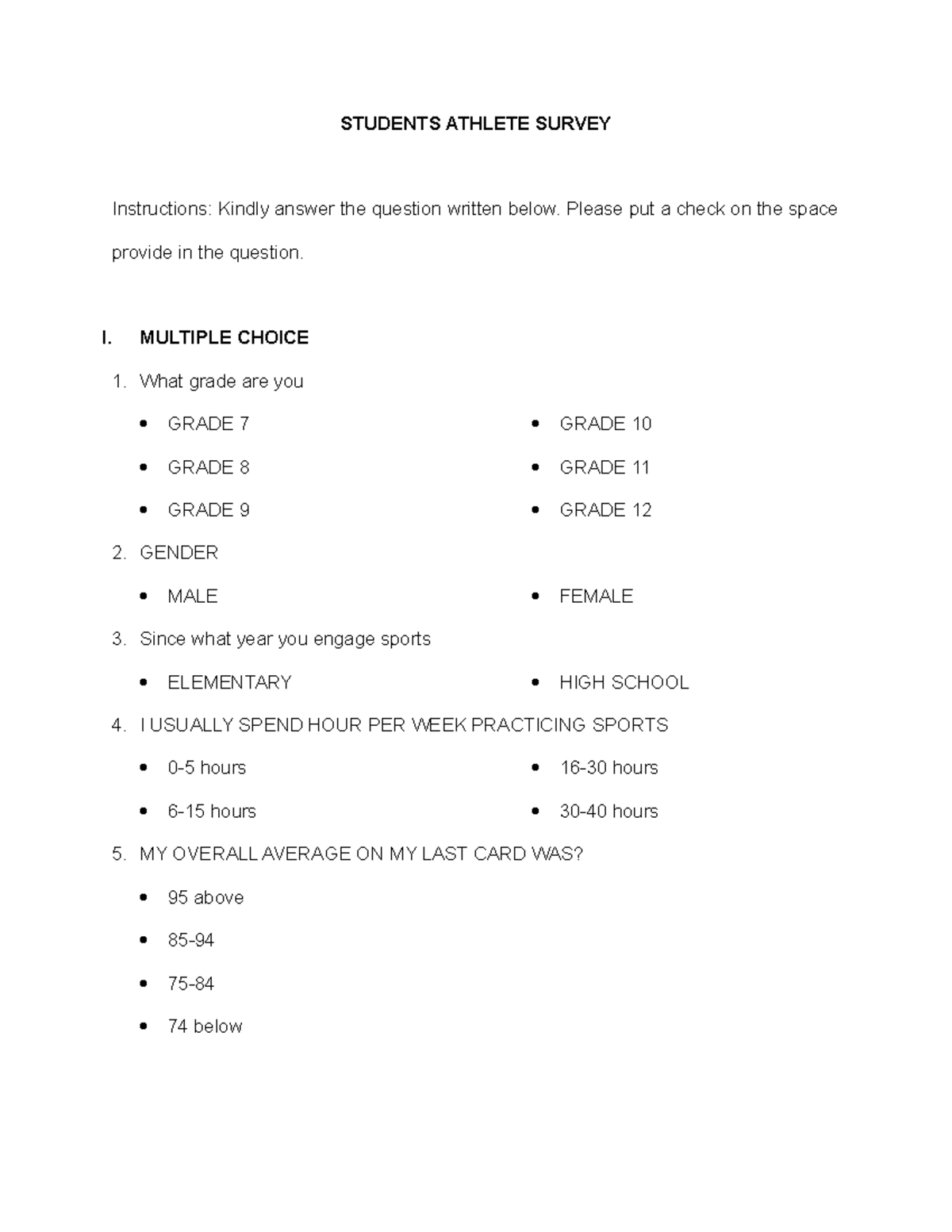 Students Athlete Survey - STUDENTS ATHLETE SURVEY Instructions: Kindly ...