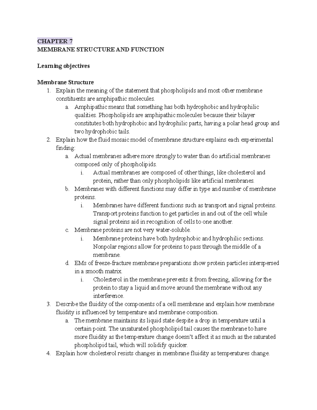Chapter 7 - CHAPTER 7 MEMBRANE STRUCTURE AND FUNCTION Learning objectives Membrane Structure 1 ...