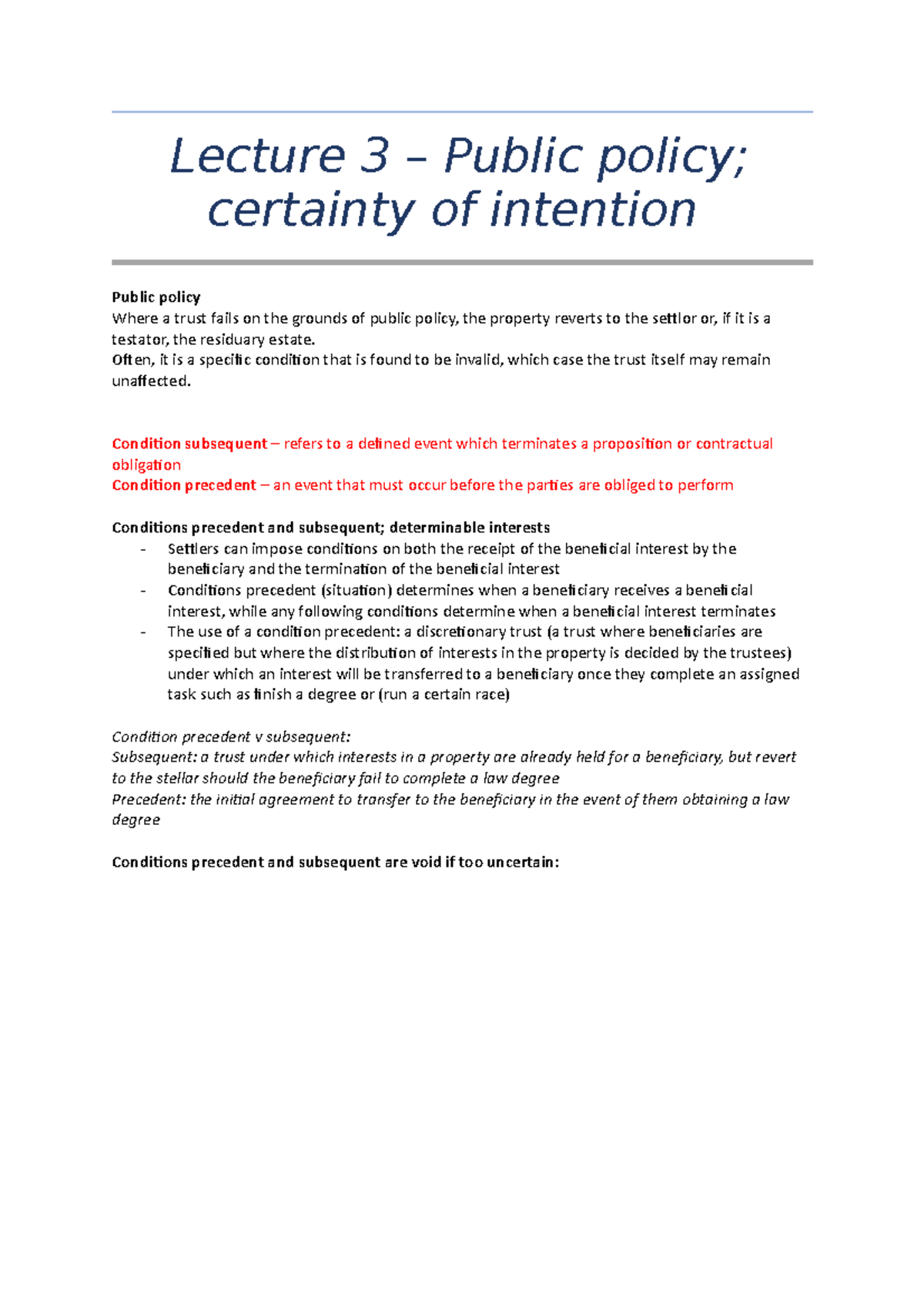 Week 3 - Public Policy; Certainty of Intention - Lecture 3 – Public policy; certainty of ...