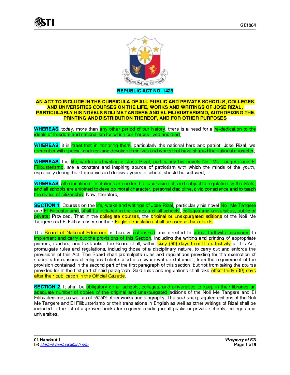 Rizal 1 Pre-Limsss - 01 Handout 1 *Property of STI REPUBLIC ACT NO ...