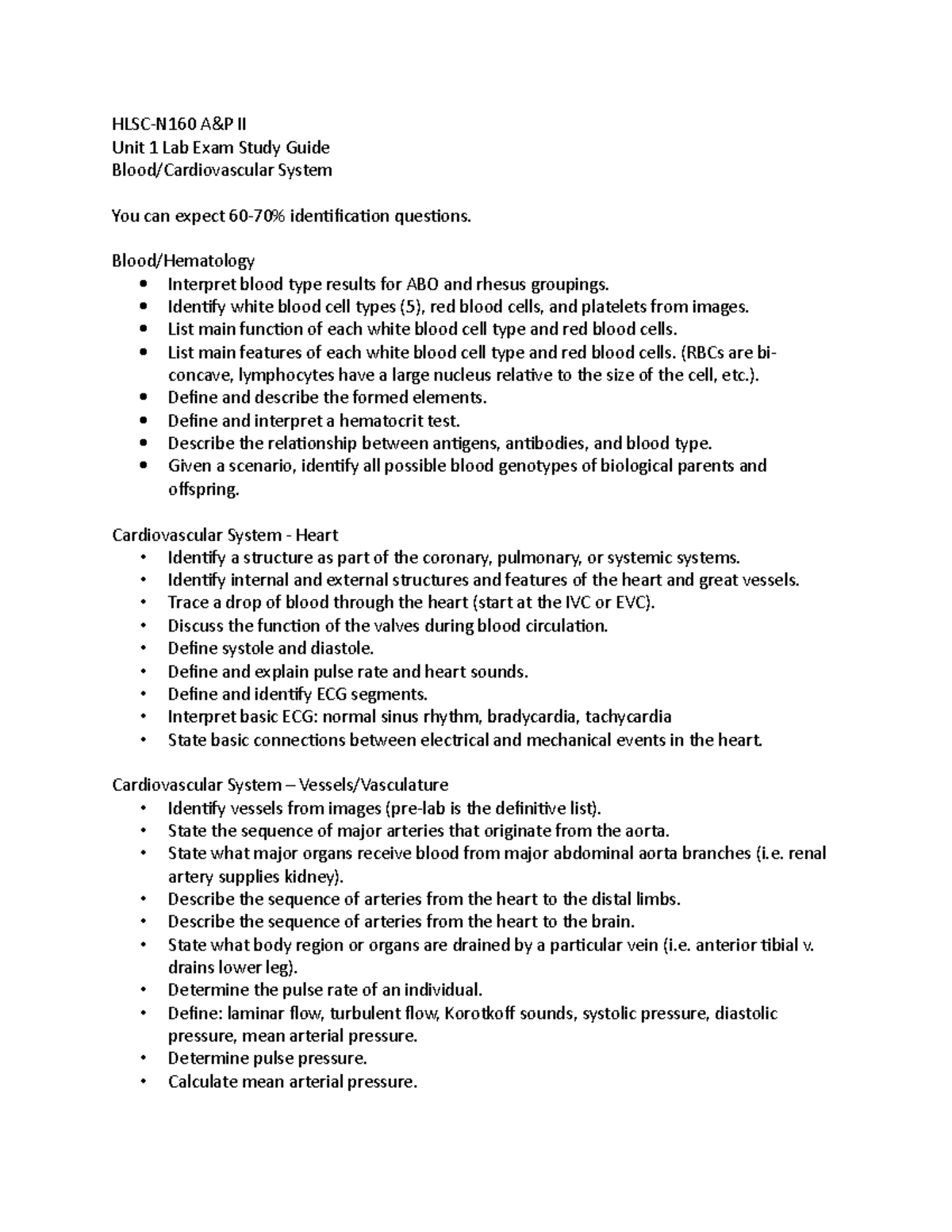 Unit 1 Lab Exam Study Guide - HLSC-N160 A&P II Unit 1 Lab Exam Study ...