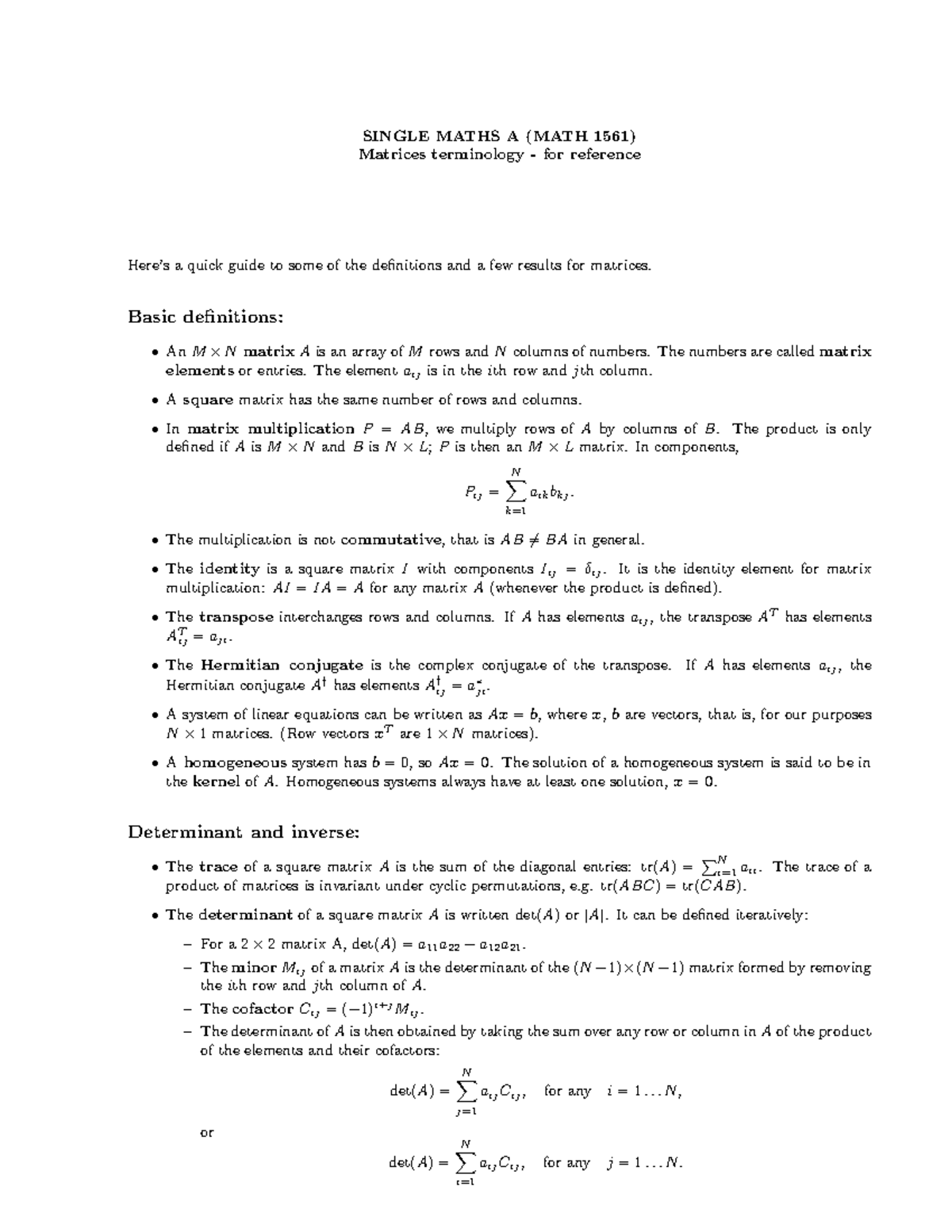Matrixterm - Matrix Terminology summary - SINGLE MATHS A (MATH 1561 ...