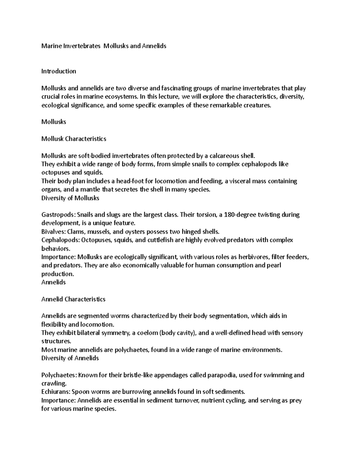 Marine Invertebrates Mollusks and Annelids - Marine Invertebrates ...