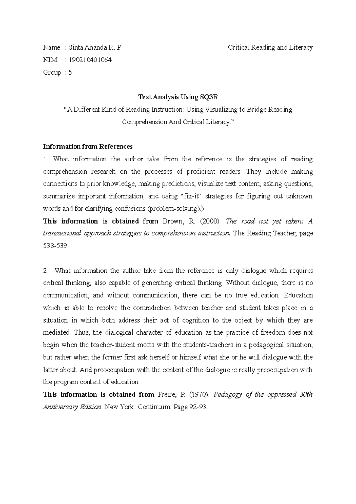 Text Analysis Using SQ3R - Name : Sinta Ananda R. P Critical Reading ...