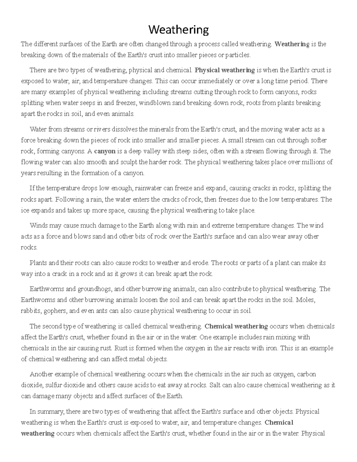 Weathering Reading Passage - Weathering The different surfaces of the ...