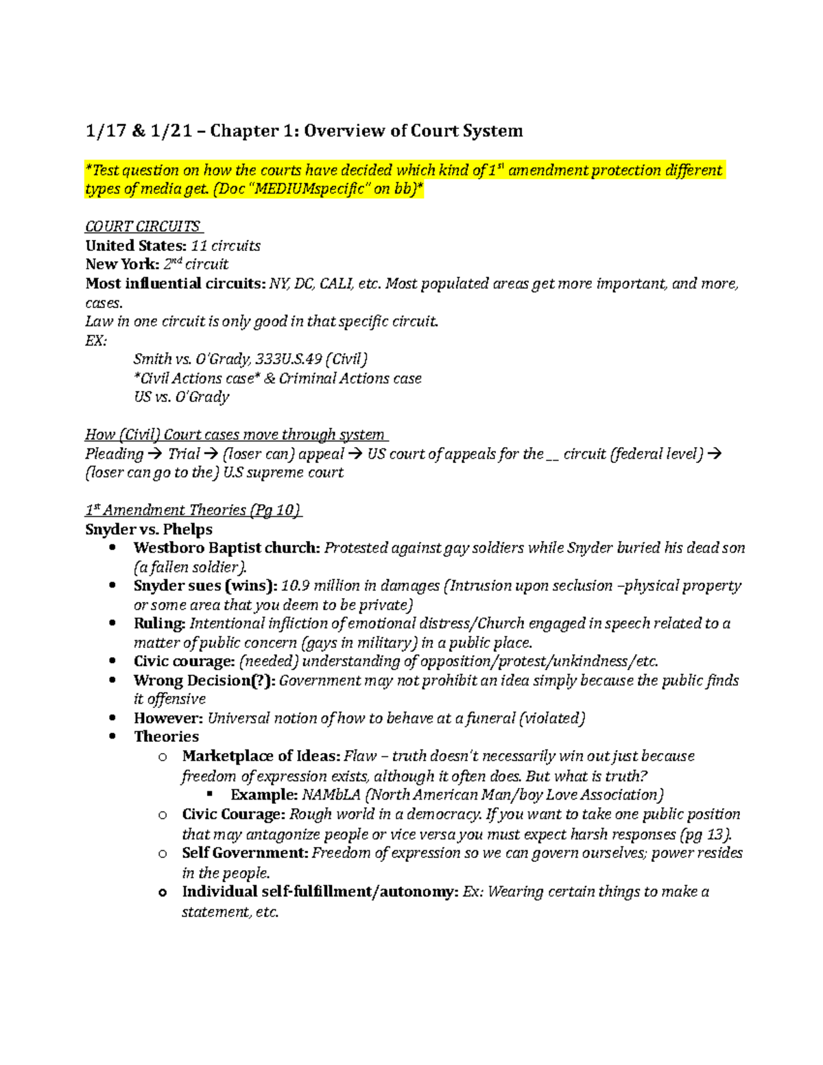 Media LAW Notes - 1/17 & 1/21 – Chapter 1: Overview of Court System ...
