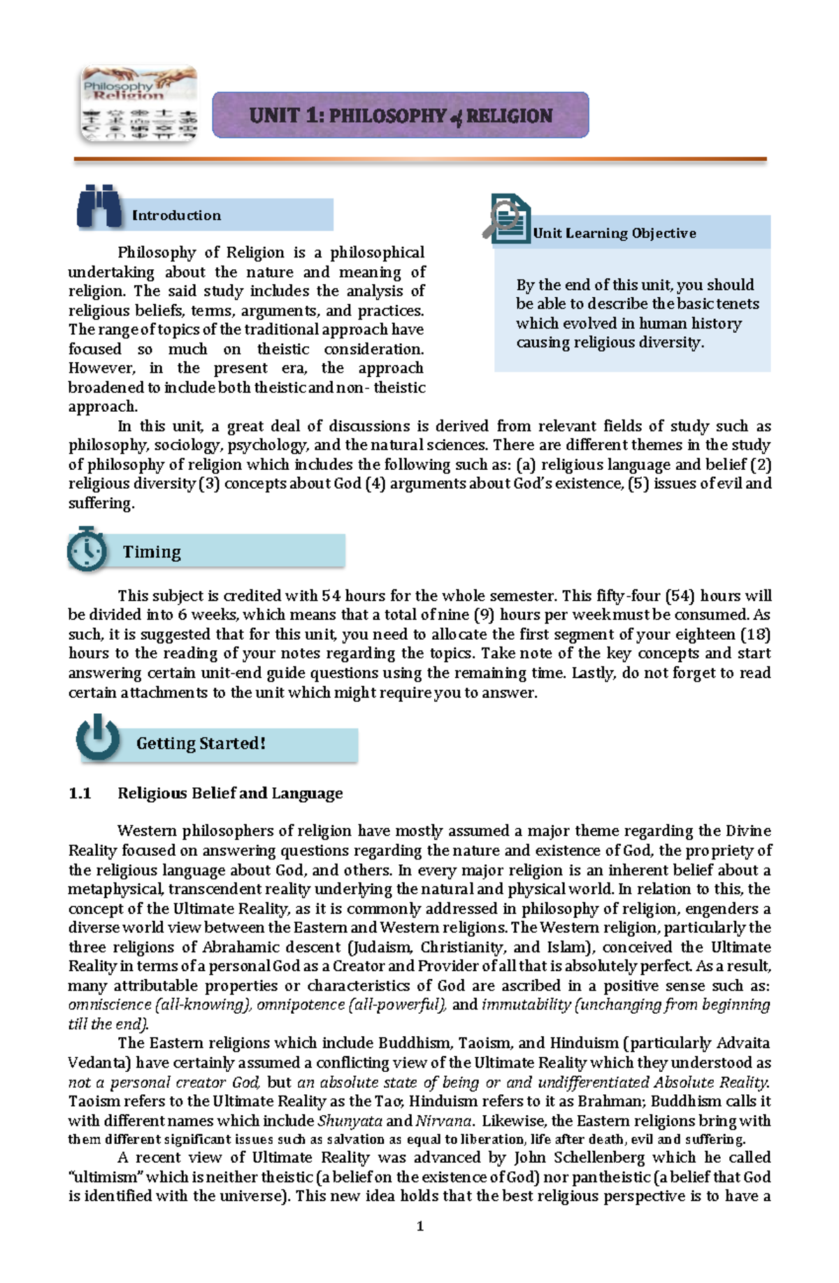 UNIT 1 - Philosophy of Religion - Philosophy of Religion is a ...