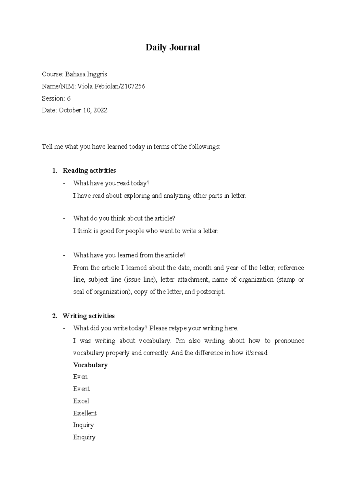 Daily journal at English Course to reflect student's understanding ...