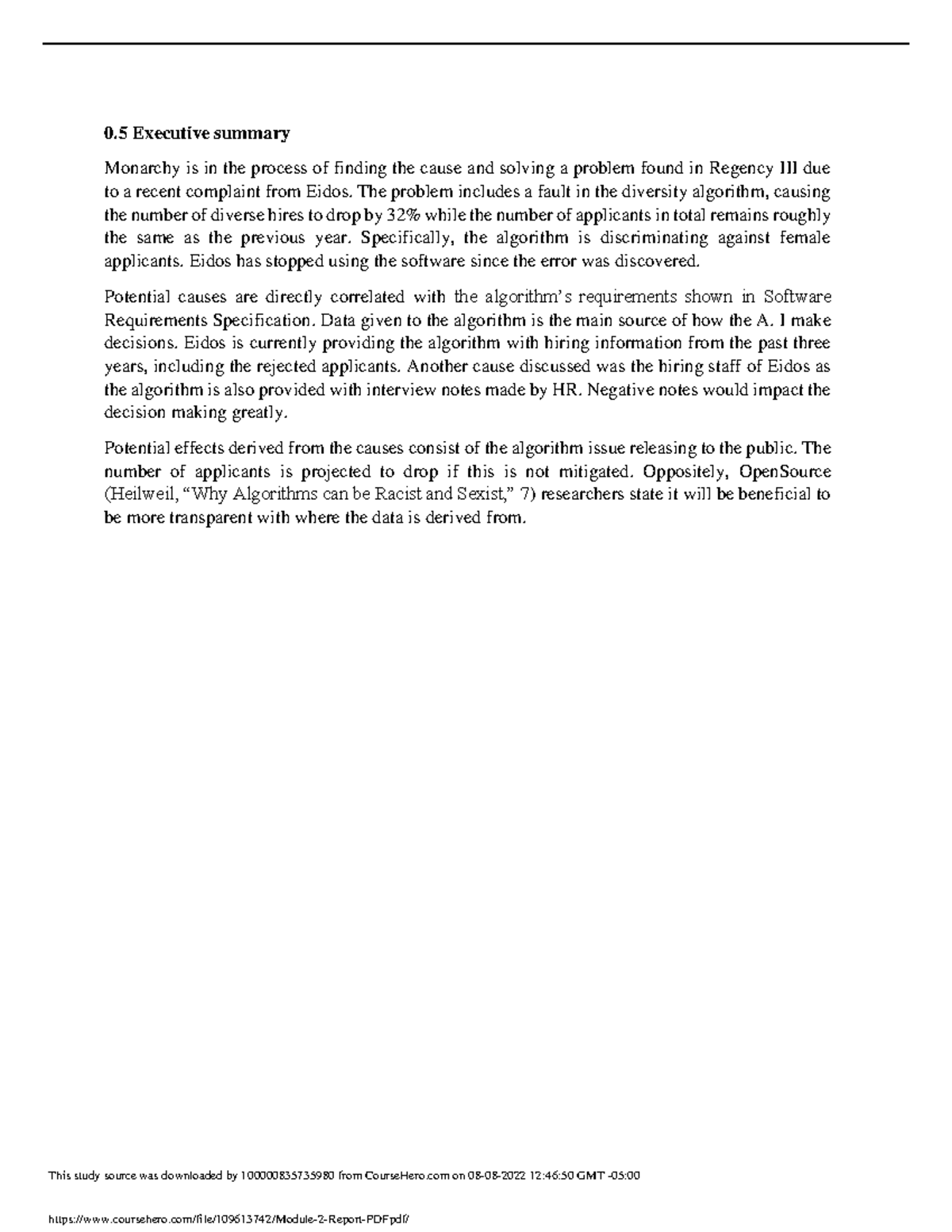 Module 2 Report PDF - 0 Executive summary Monarchy is in the process of finding the cause and ...