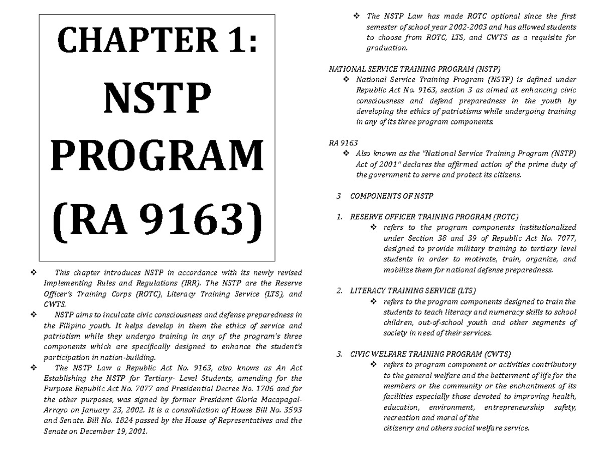 NSTP notes - jshdakadhakhk - This chapter introduces NSTP in accordance ...