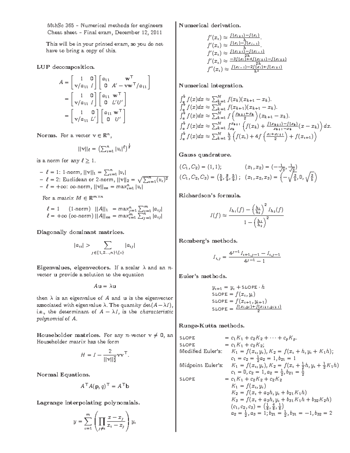 Cheat sheet Numeric MthSc 365 Numerical Methods For Engineers