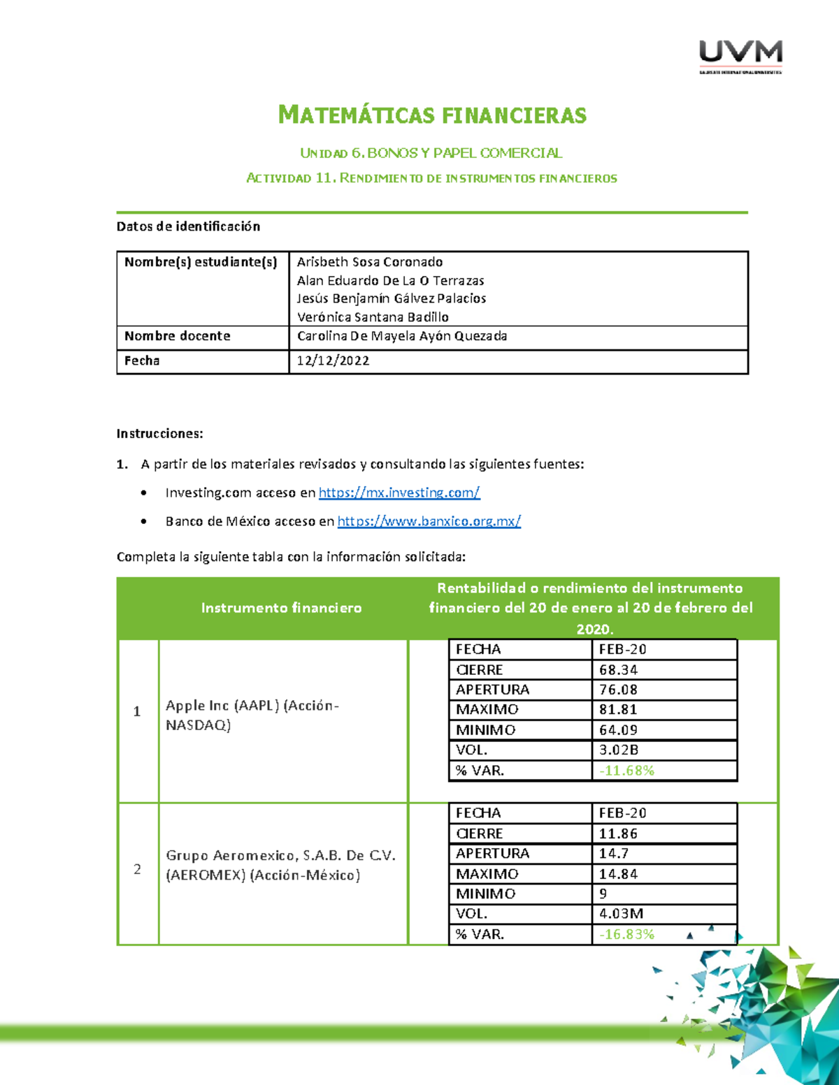 A11 EQ13 - Actividad 11 - MATEMÁTICAS FINANCIERAS UNIDAD 6. BONOS Y ...