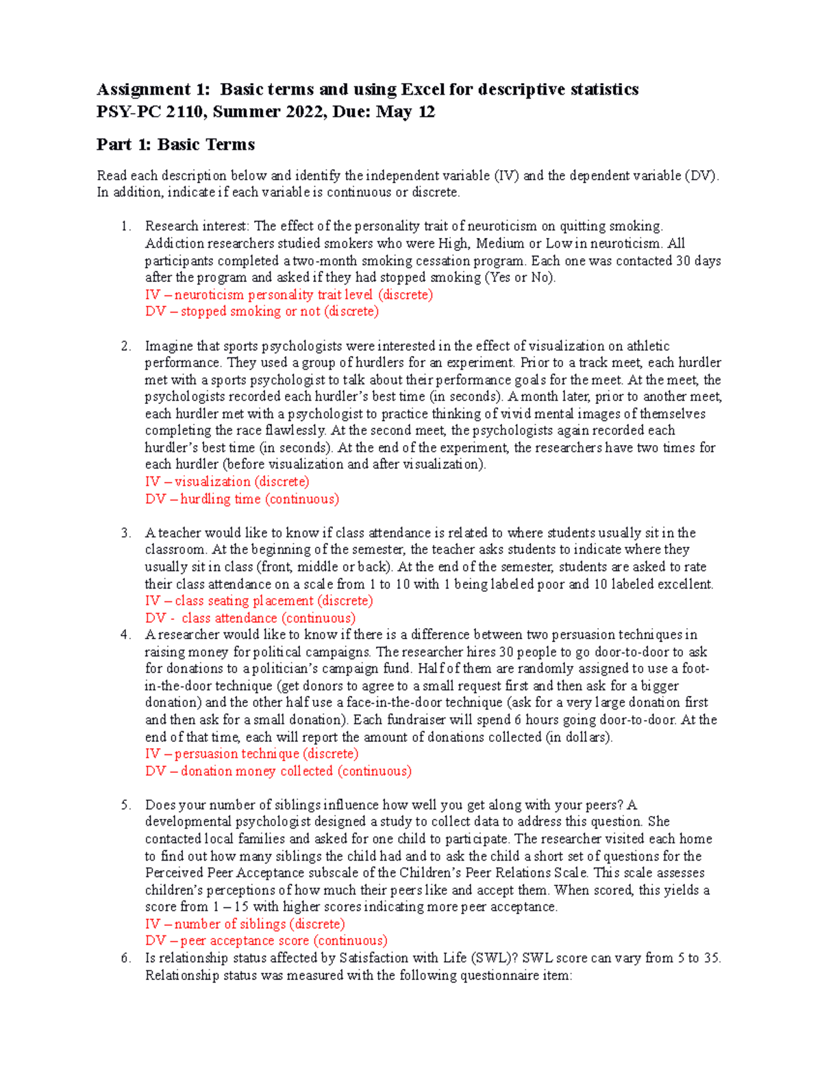 Assignment 1 - Study guide for midterm - Assignment 1: Basic terms and using Excel for ...