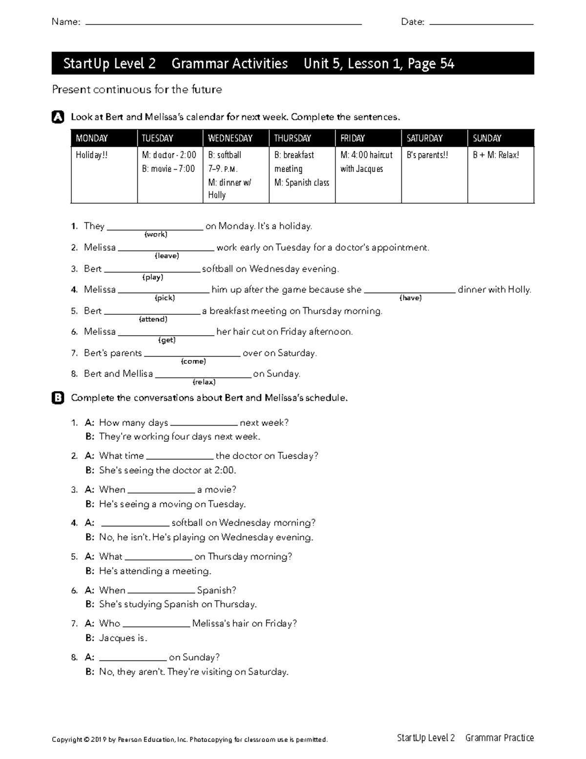 Atarup Level 2 Grammar Activities UNIT 5 Lesson 1 PAGE 54 - Copyright ...