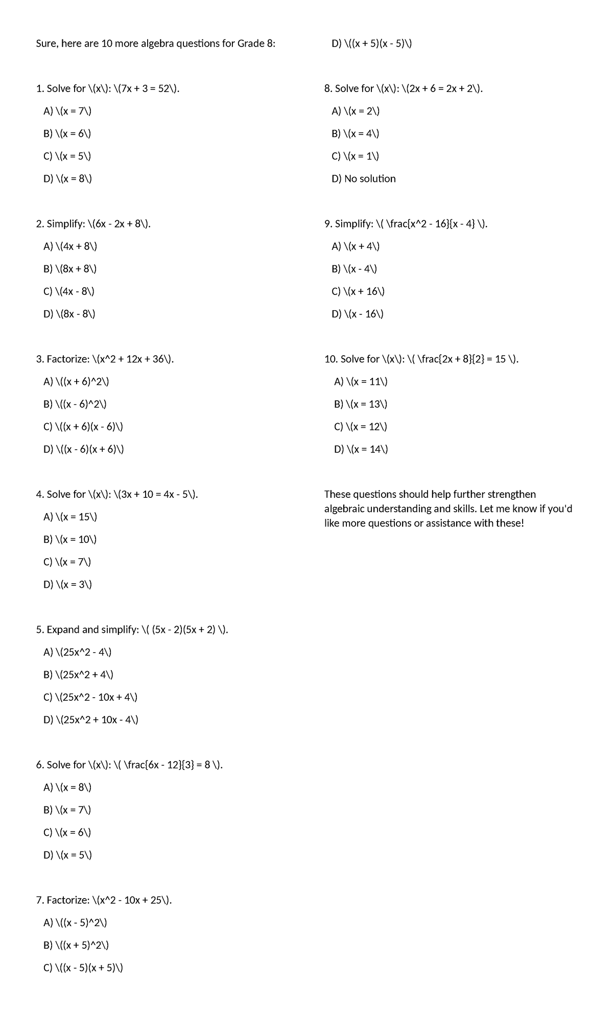 Chemistry - These questions should help further strengthen algebraic ...
