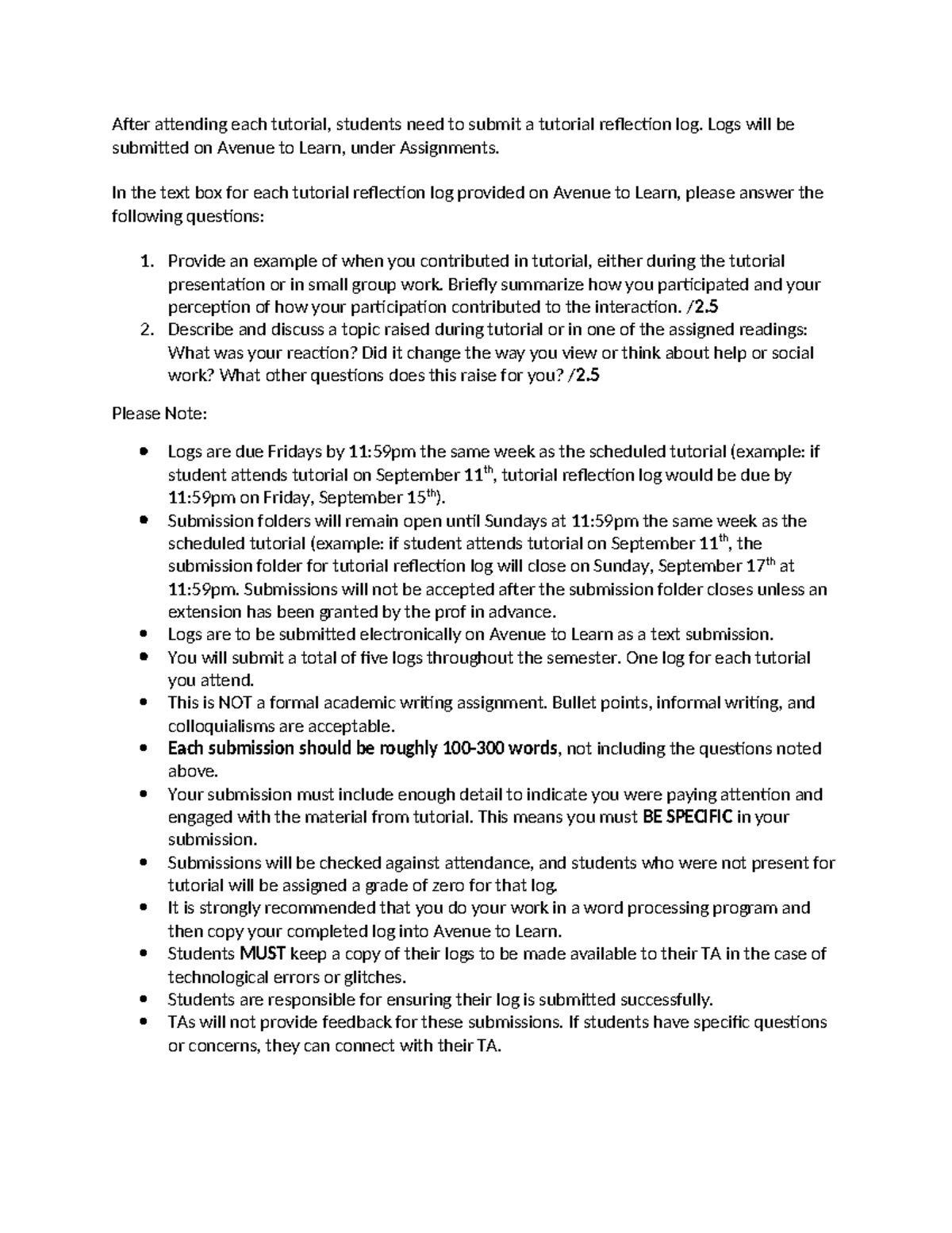 1AA3 2023 Tutorial Reflection Log - After attending each tutorial ...