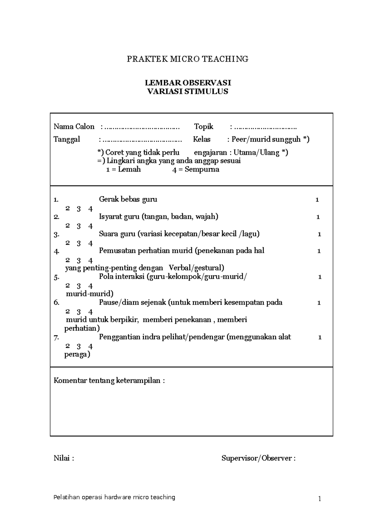 Instrumen simulasi mengajar Micro Teaching - PRAKTEK MICRO TEACHING LEMBAR OBSERVASI VARIASI ...