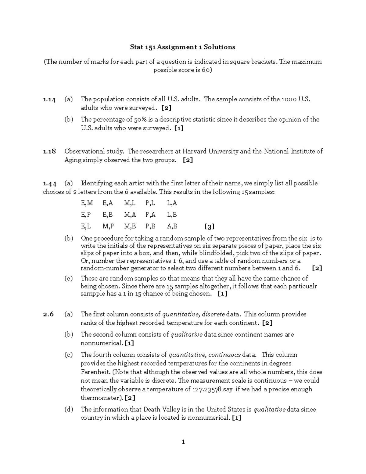 Stat 151 A 1 Solutions Fall 2015 Stat 151 Assignment 1 Solutions The Number Of Marks For