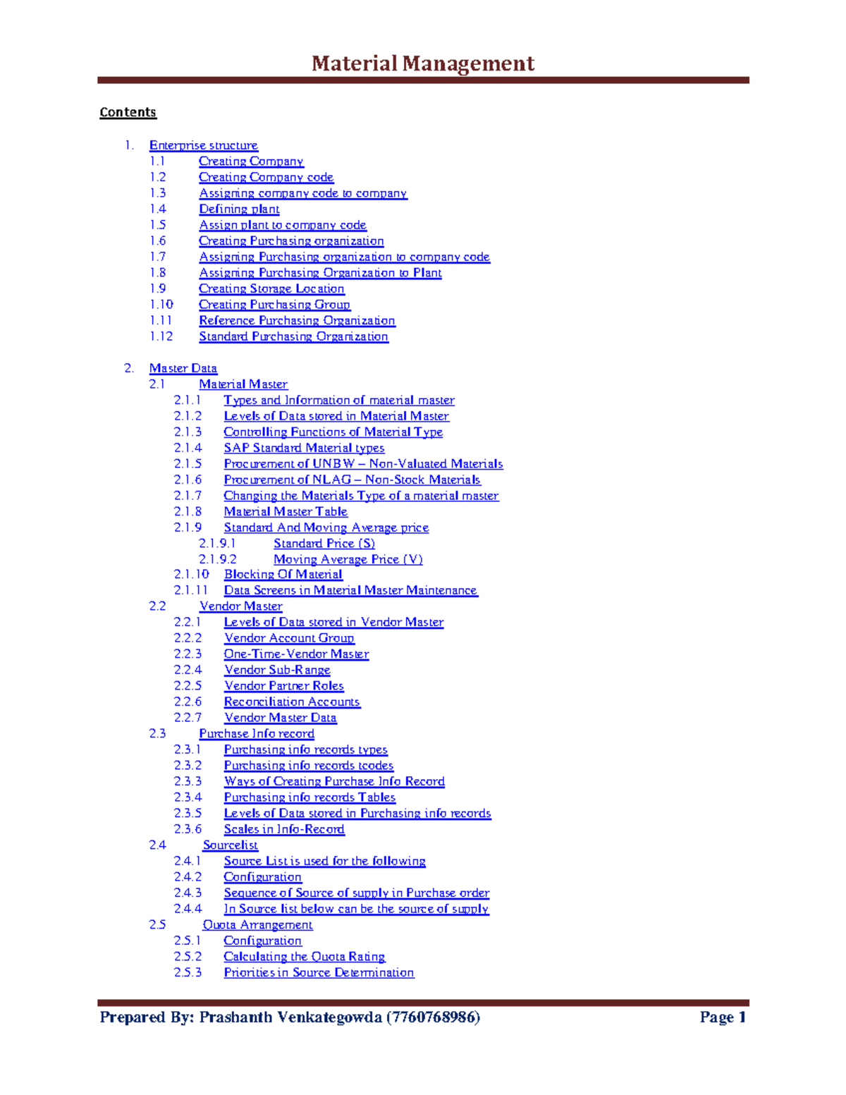 SAP MM PDF - Contents 1. Enterprise structure 1 Creating Company 1 Creating Company code 1 ...