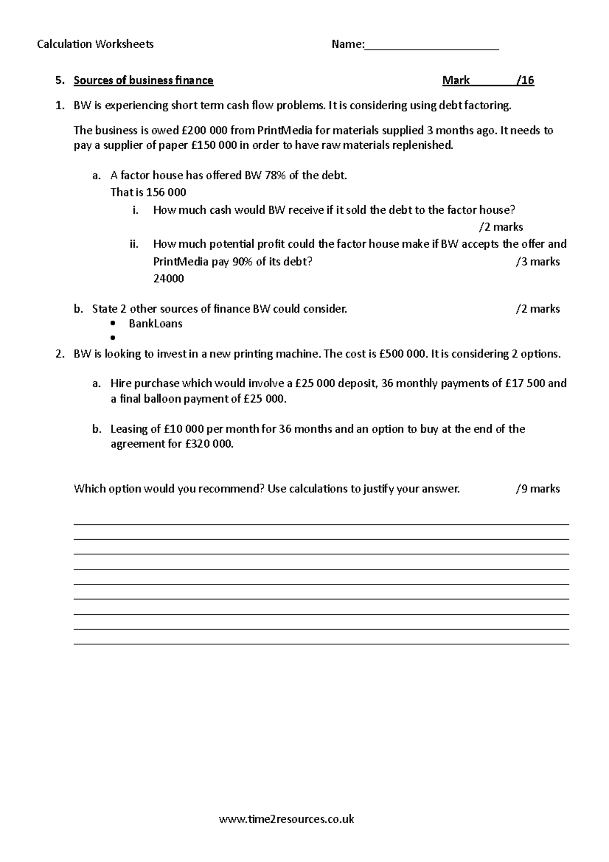 5 Sources of busines finance - Calculation Worksheets Name ...
