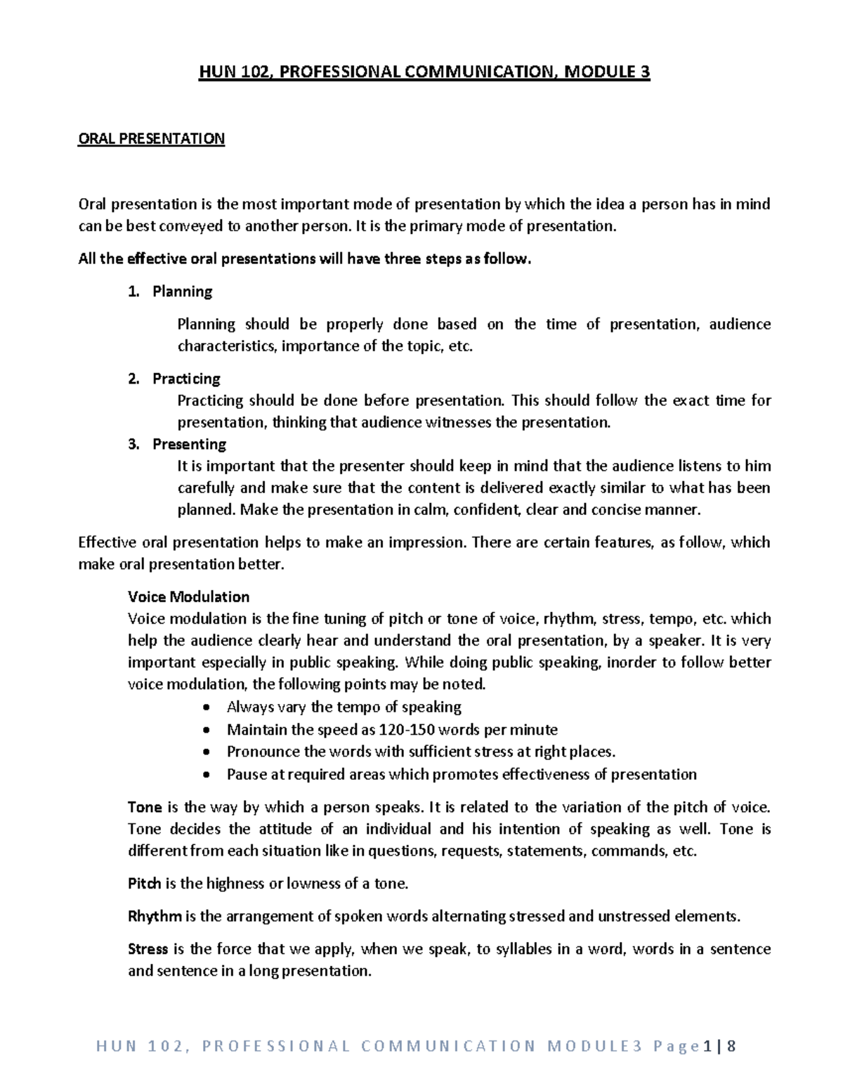 HUN 102 Module 3 - HUN 102, PROFESSIONAL COMMUNICATION, MODULE 3 ORAL ...