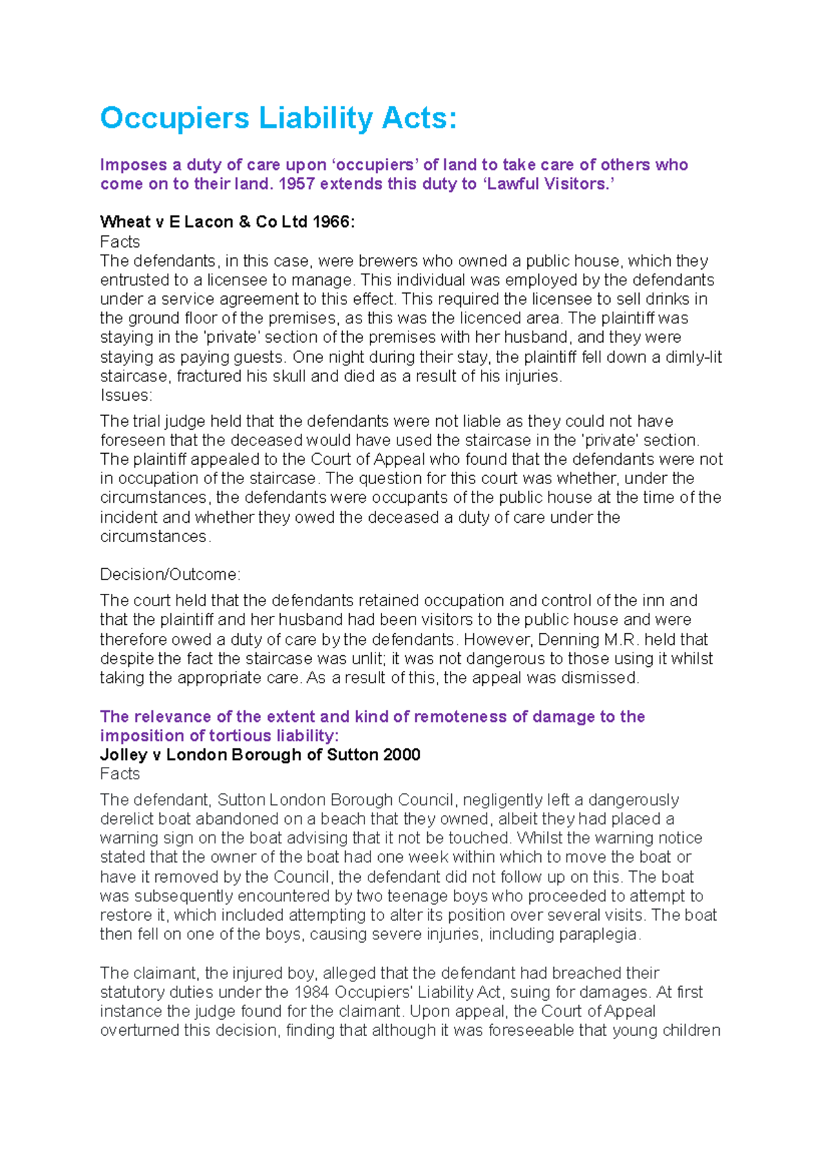 Occupiers Liability Acts - Occupiers Liability Acts: Imposes a duty of ...