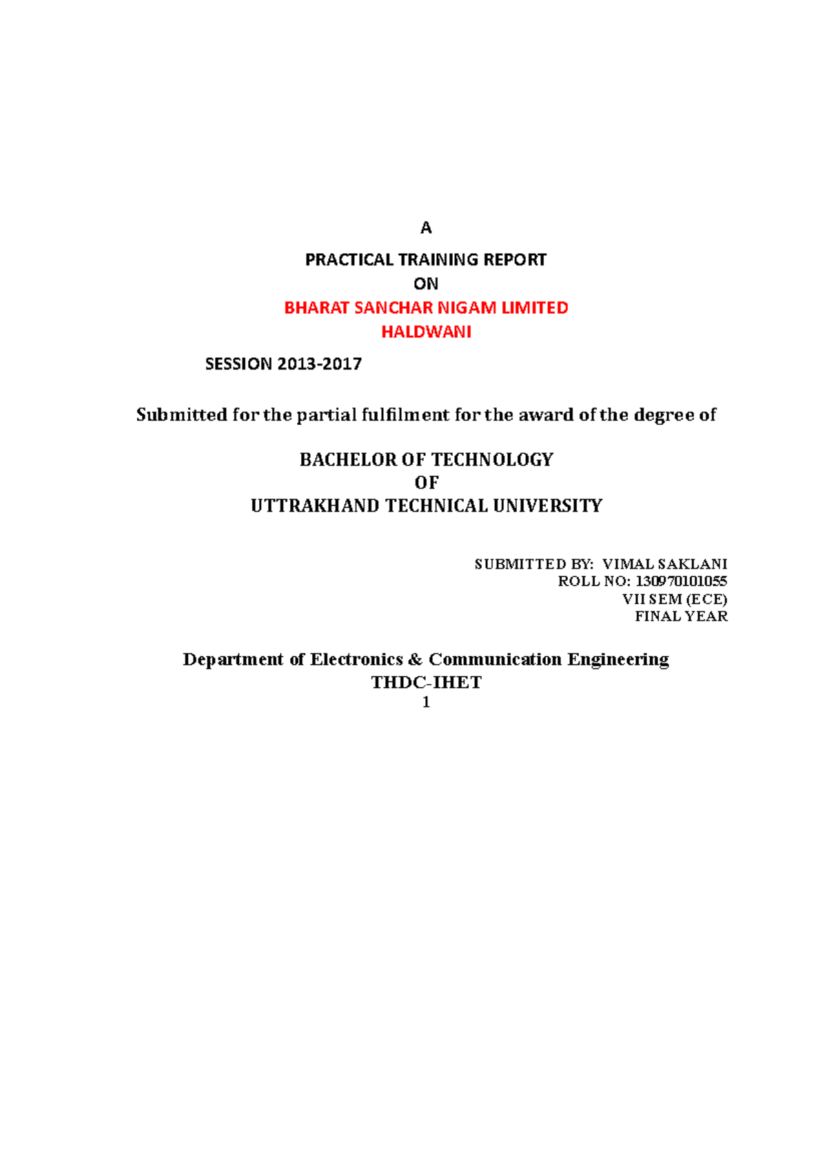 A Practical Training Report ON Bharat SA - A PRACTICAL TRAINING REPORT ...