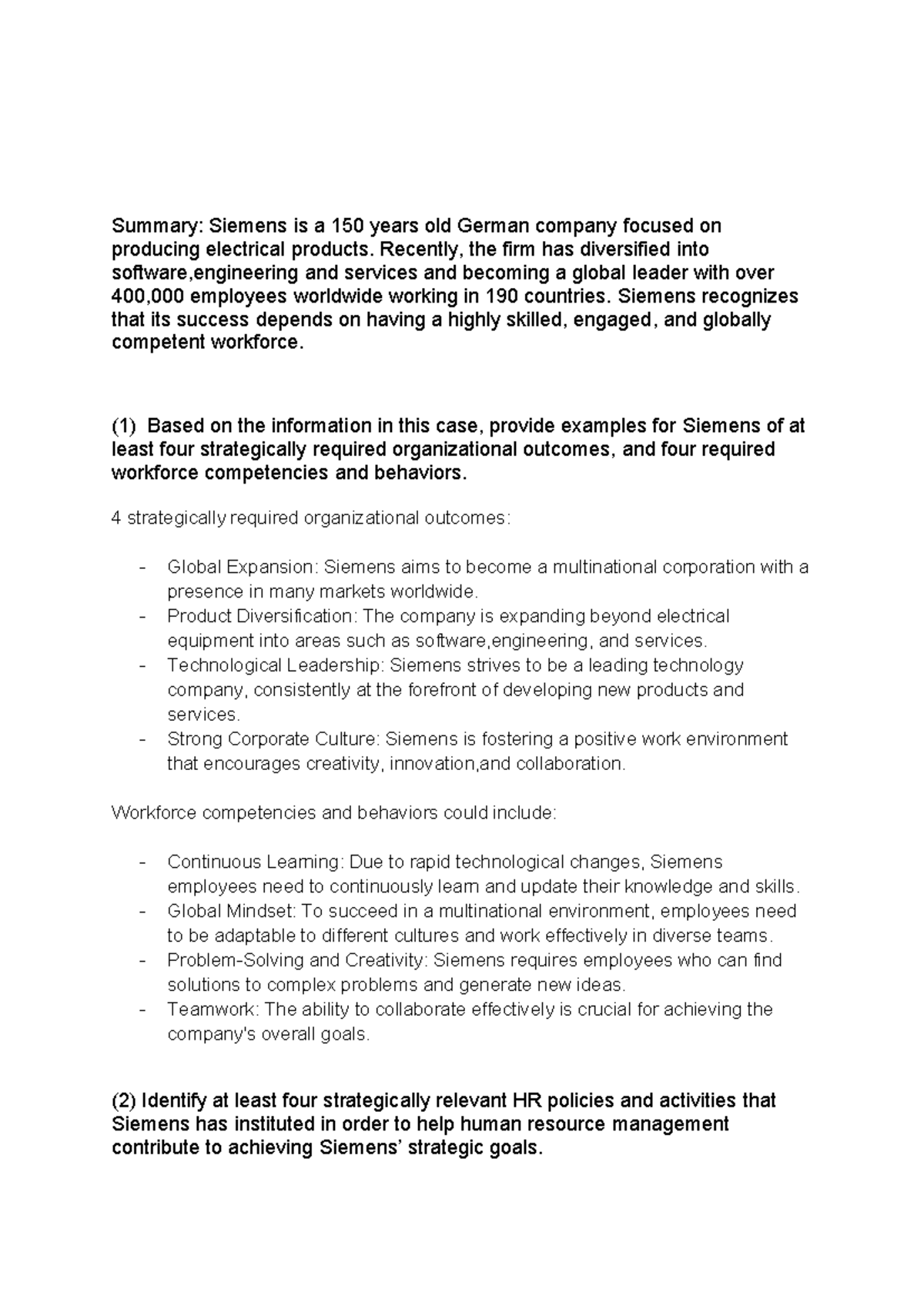Case 3 - aasdasd - Summary: Siemens is a 150 years old German company ...