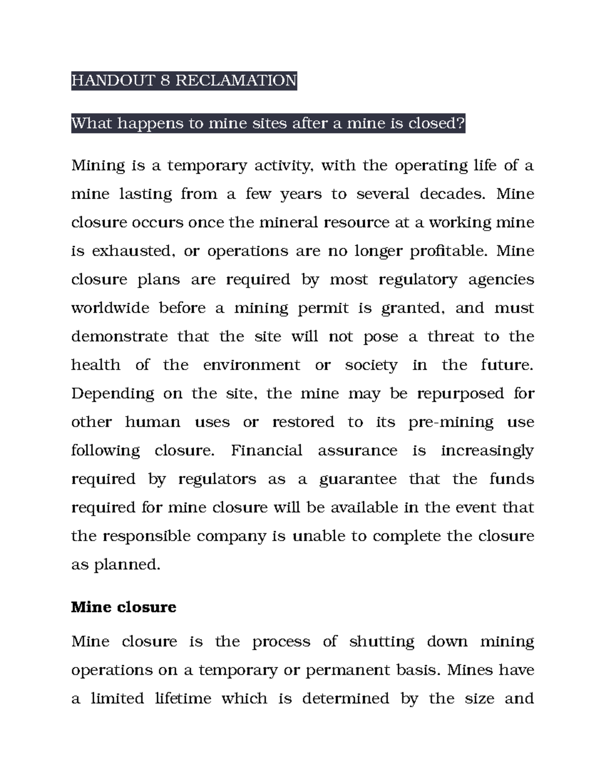 HANDOUT 8 RECLAMATION - HANDOUT 8 RECLAMATION What happens to mine ...