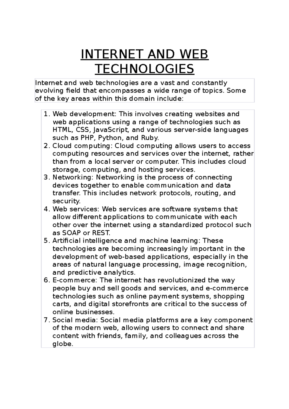 Internet AND WEB Technologies - INTERNET AND WEB TECHNOLOGIES Internet and web technologies are ...