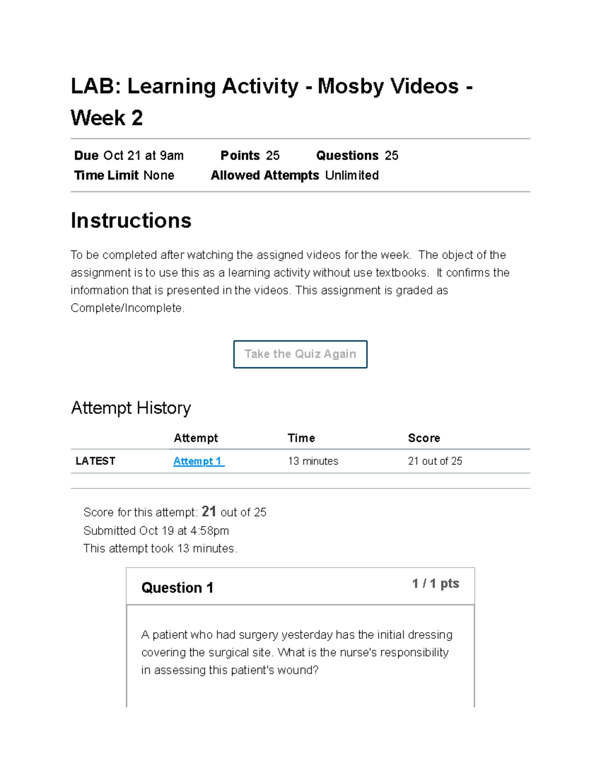 LAB Learning Activity - Mosby Videos - Week 2 2022FALL Health ...