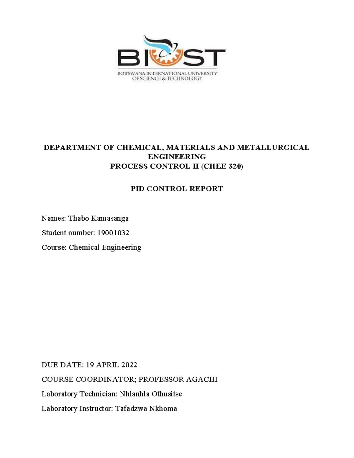 PID control lab report - DEPARTMENT OF CHEMICAL, MATERIALS AND ...