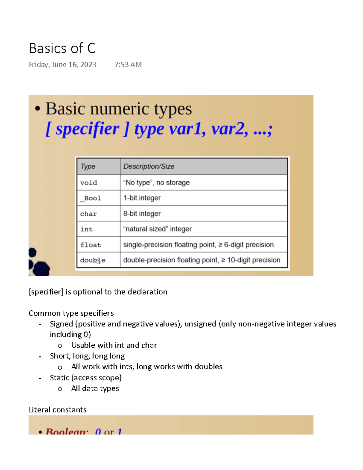 Basics of C - Mops, Scott Johnson - [specifier] is optional to the declaration Common type - Studocu