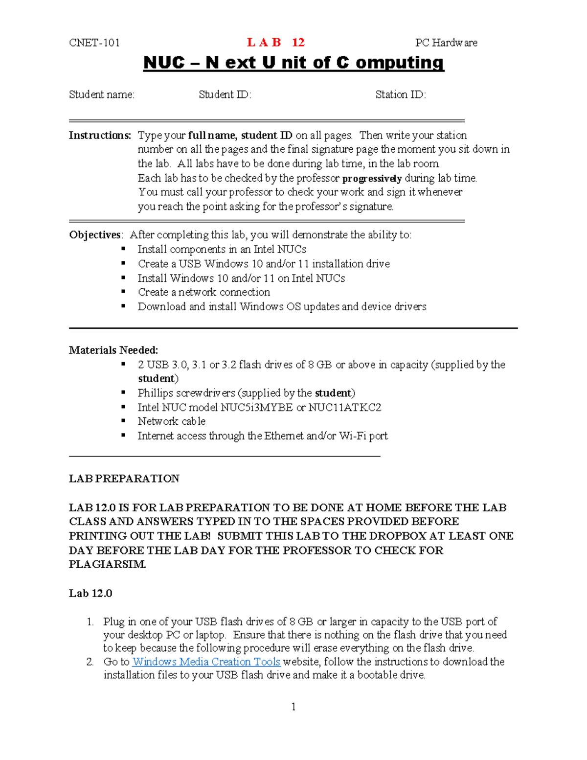 Lab 12 - NUC - elkqk - CNET-101 L A B 12 PC Hardware NUC – N ext U nit ...