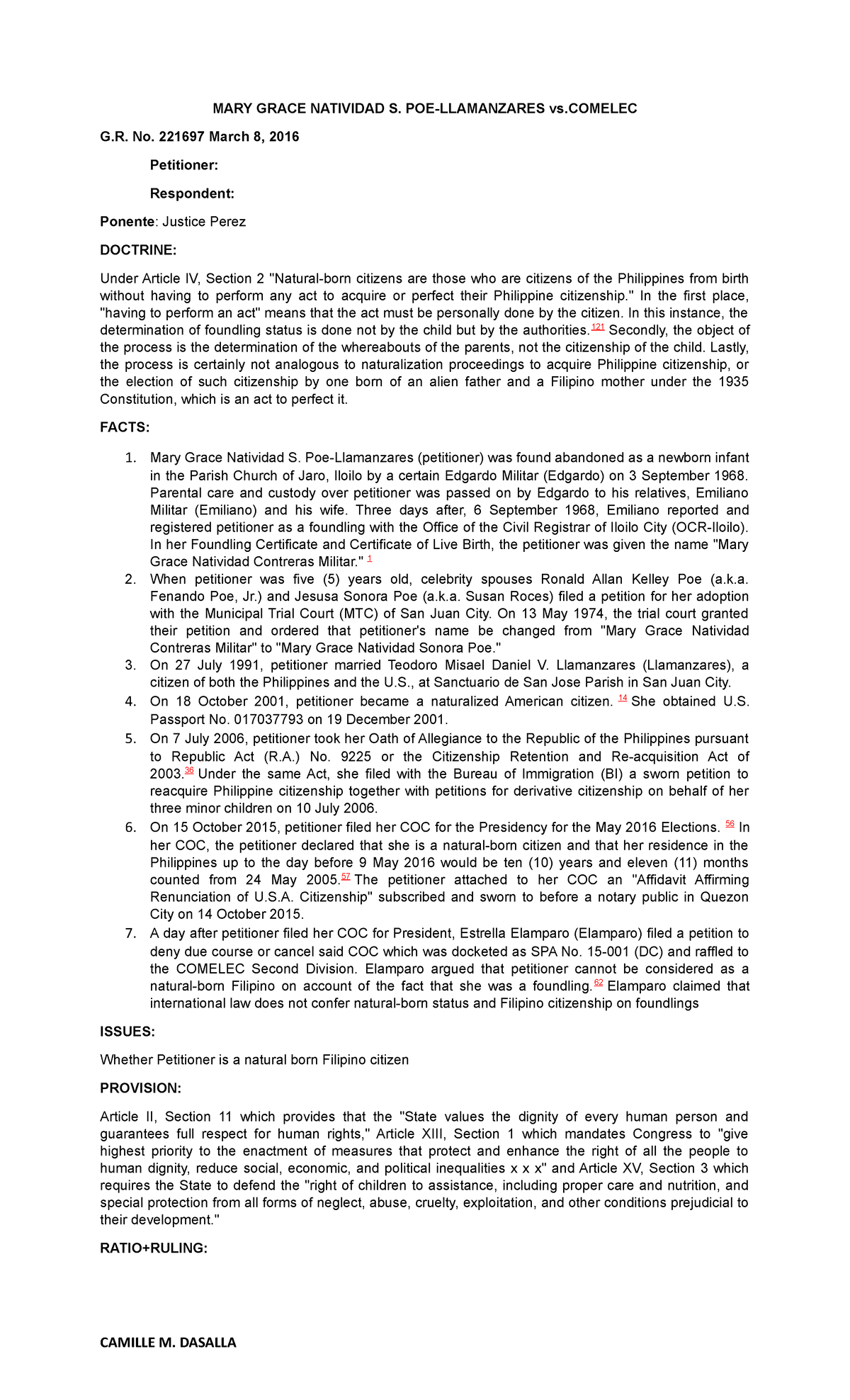 POE vs. Comelec - DIGEST - MARY GRACE NATIVIDAD S. POE-LLAMANZARES vs G ...
