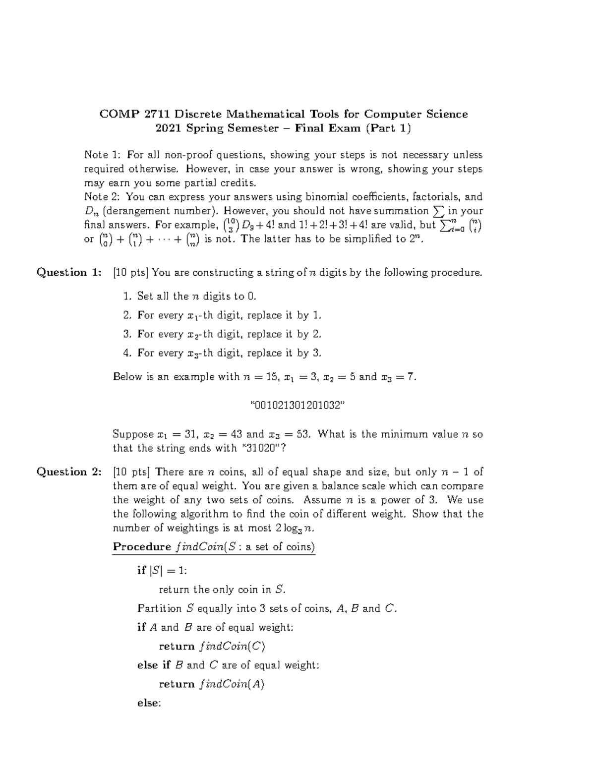 COMP 2711 Final Exam Part 1 Spring 2021 - COMP 2711 Discrete Mathematical Tools for Computer ...
