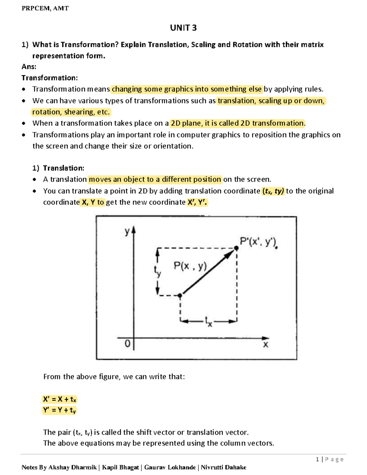 Kapil CG UNIT 3 - Cg notes - 1 | P a g e UNIT 3 What is Transformation ...