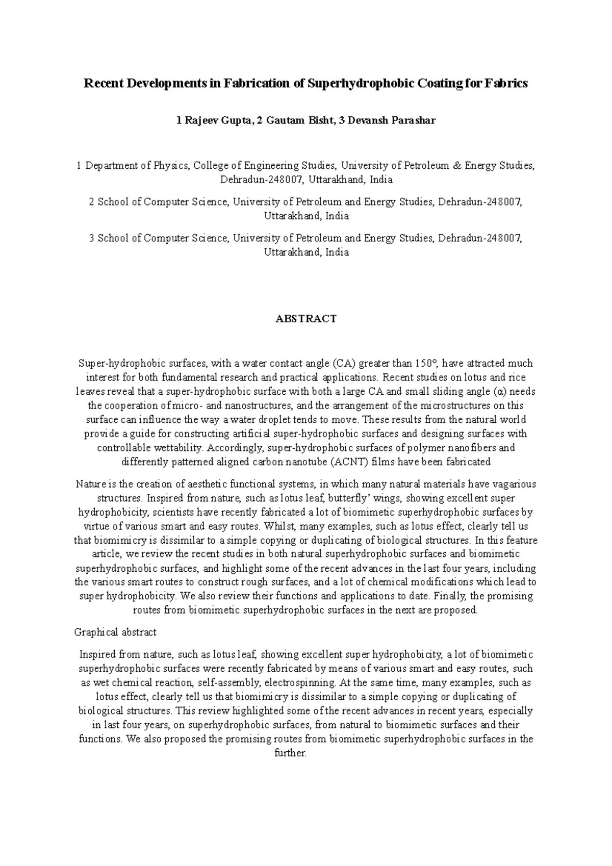 physics report Assignment - Recent Developments in Fabrication of Superhydrophobic Coating for ...