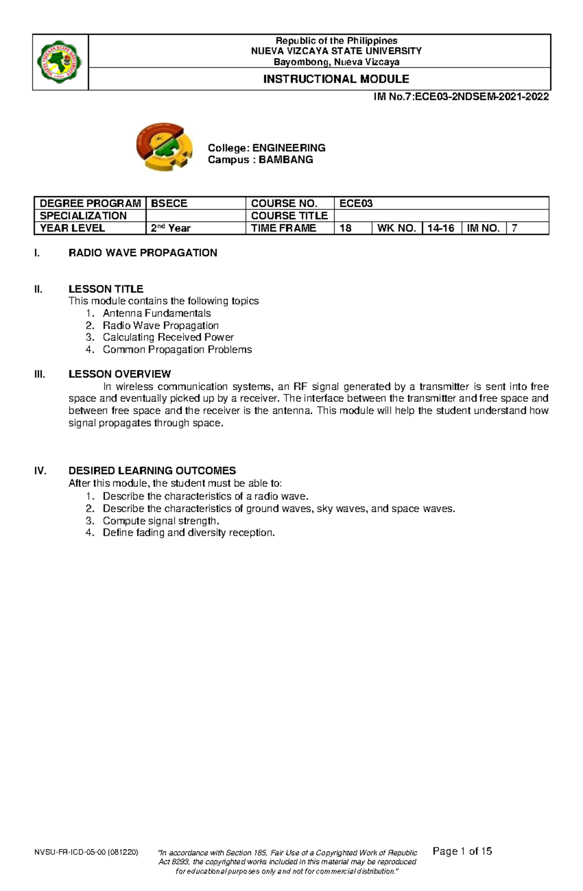 IM7 ECE003 2 Ndsem 2021 2022 - NUEVA VIZCAYA STATE UNIVERSITY Bayombong ...