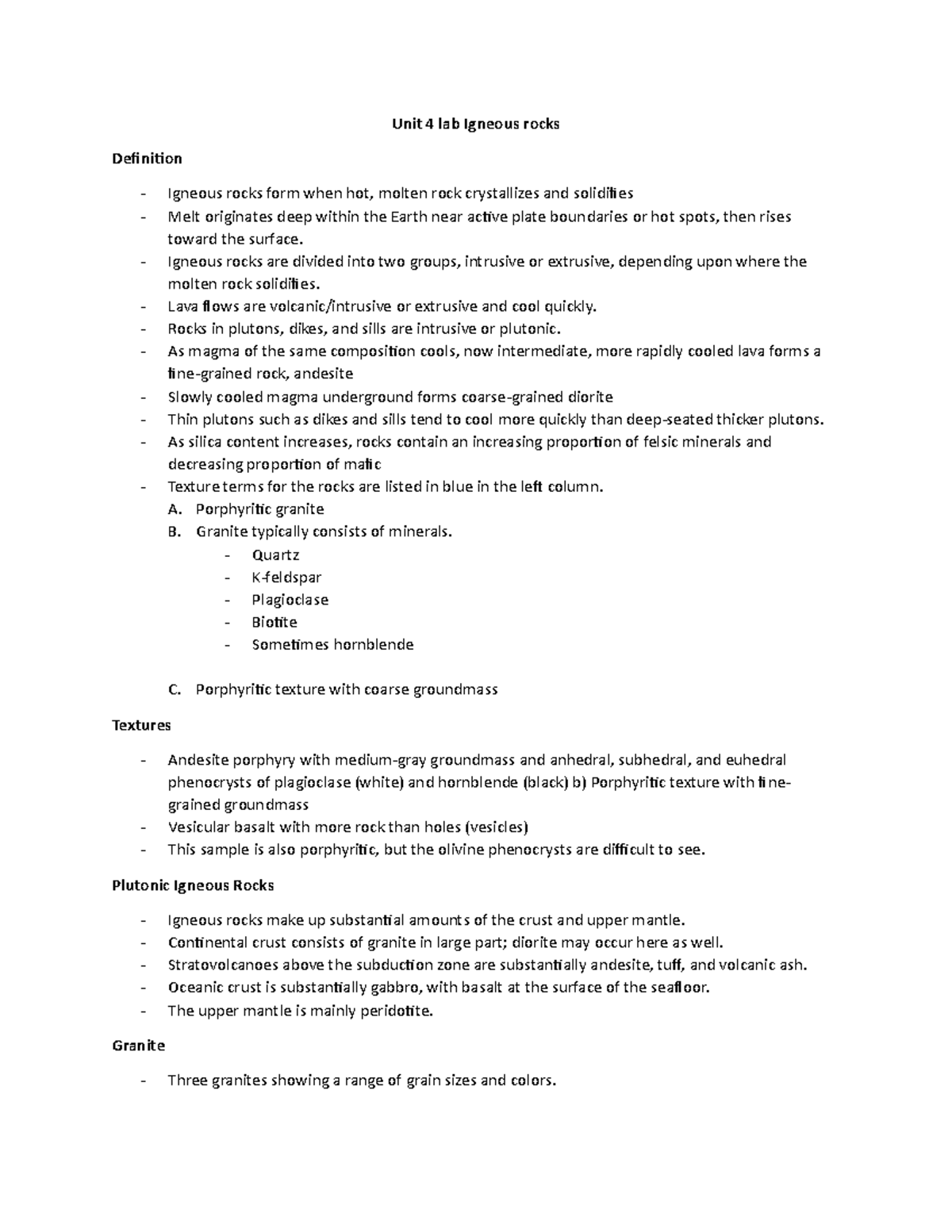 Unit 4 lab Igneous rocks - Unit 4 lab Igneous rocks Definition Igneous rocks form when hot ...