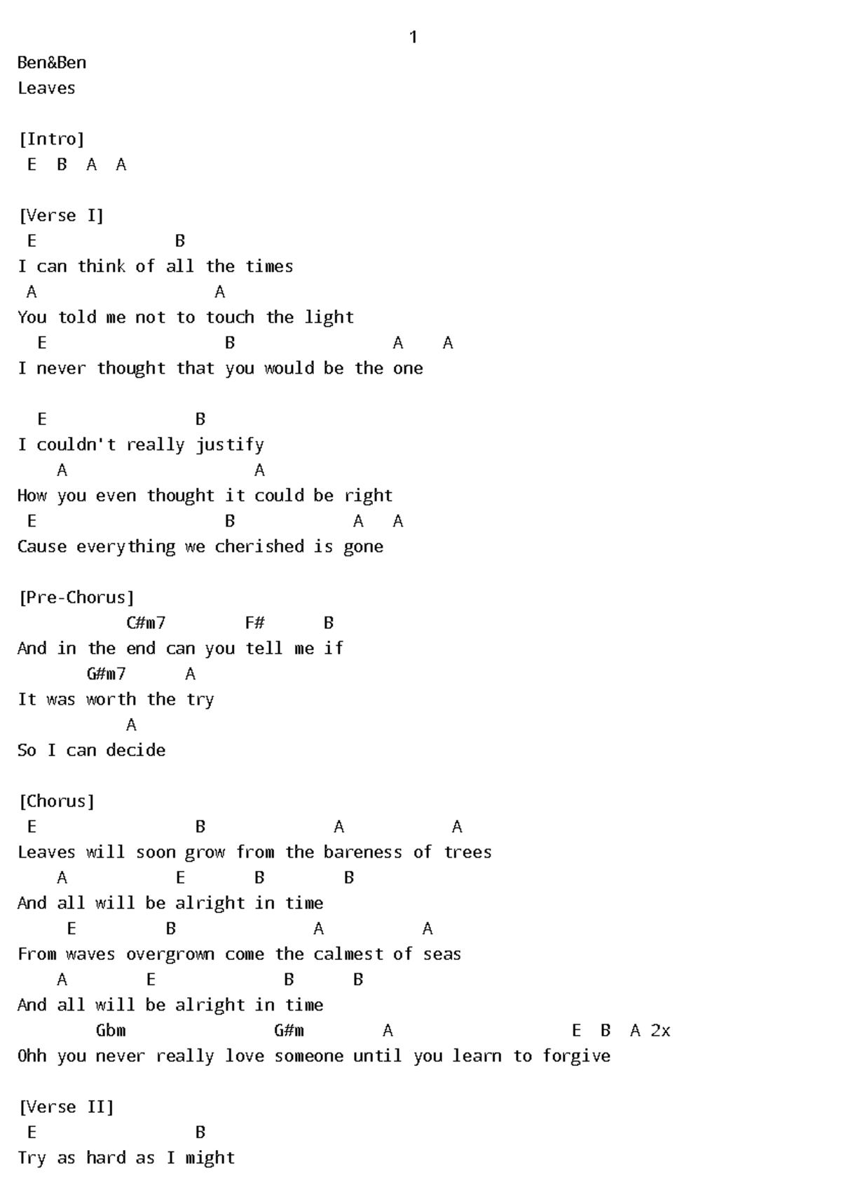 Leaves - KAJH - 1 Ben&Ben Leaves [Intro] E B A A [Verse I] E B I can ...