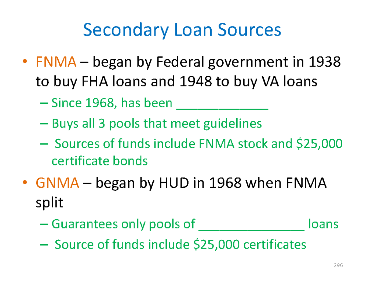 Real Estate 26 - Secondary Loan Sources FNMA – began by Federal ...