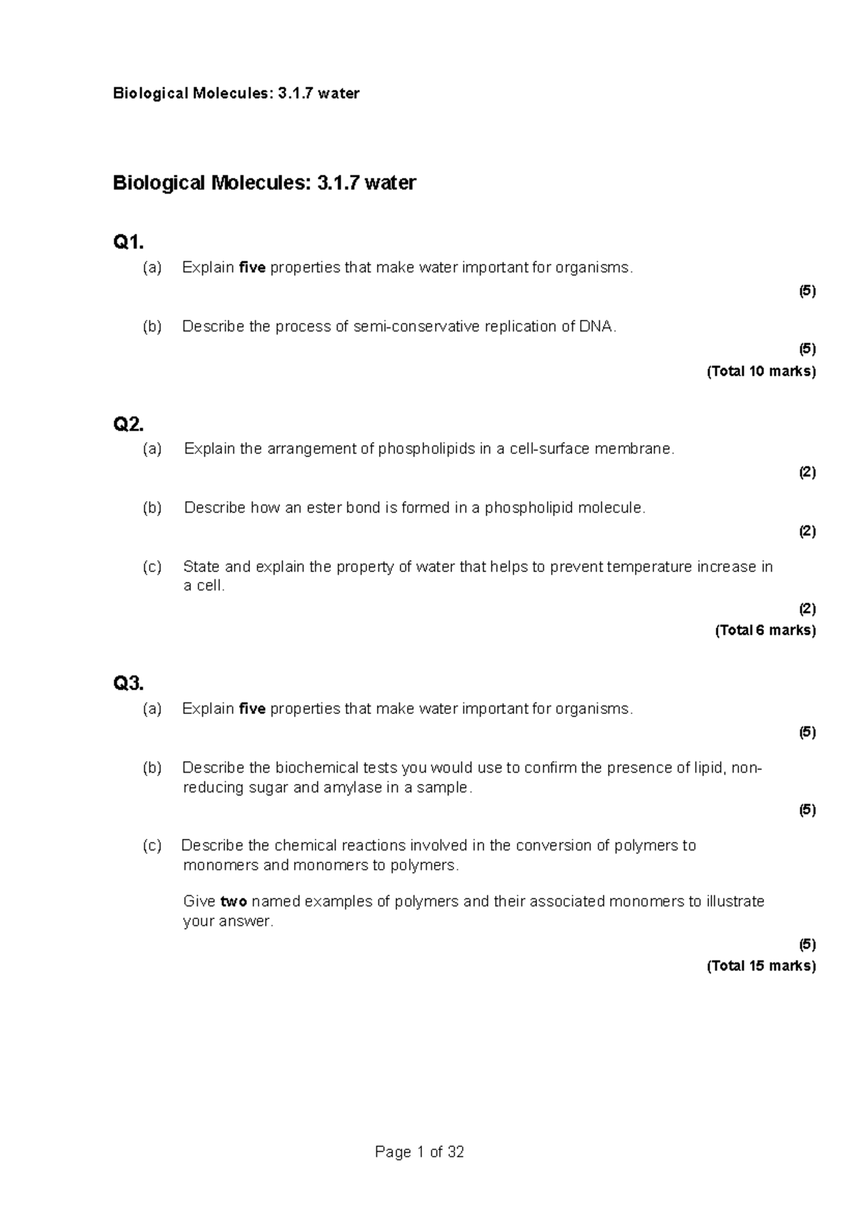 Unit 1.7 Water - ... - Biological Molecules: 3.1 water Q1. (a) Explain ...